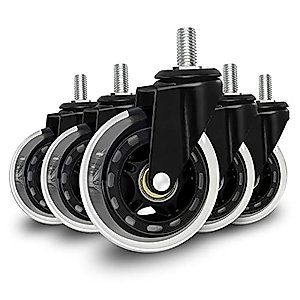 3" Office Chair Caster Wheels with M10x20 mm Threaded Stem, 360 Rotation Heavy Duty Polyurethane Office Chair Caster for All Floors Including Hardwood, Carpet and Tile, No Need Floor Mat. (Set of 5)