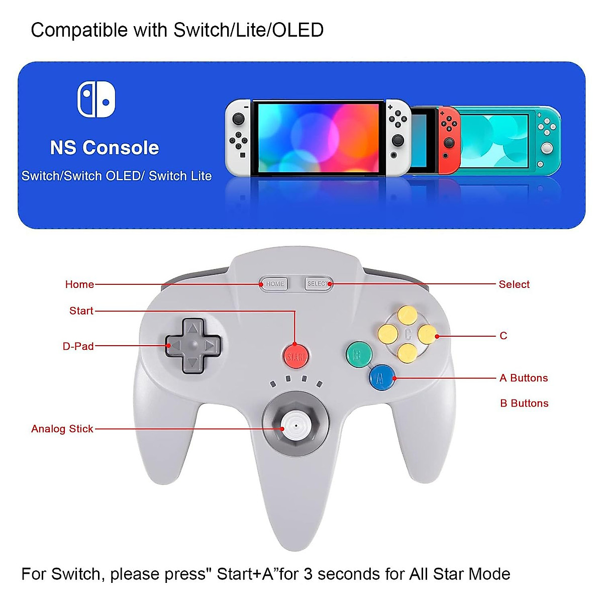 KIWITATA Wireless N64 Controller Compatible with Switch/Lite/OLED, 2.4GHZ N64 Remote Wireless Switch Game Joystick Controller Gamepad for N64 /Switch Console, Raspberry Pi, PC Windows 7,8,10,11 Gray