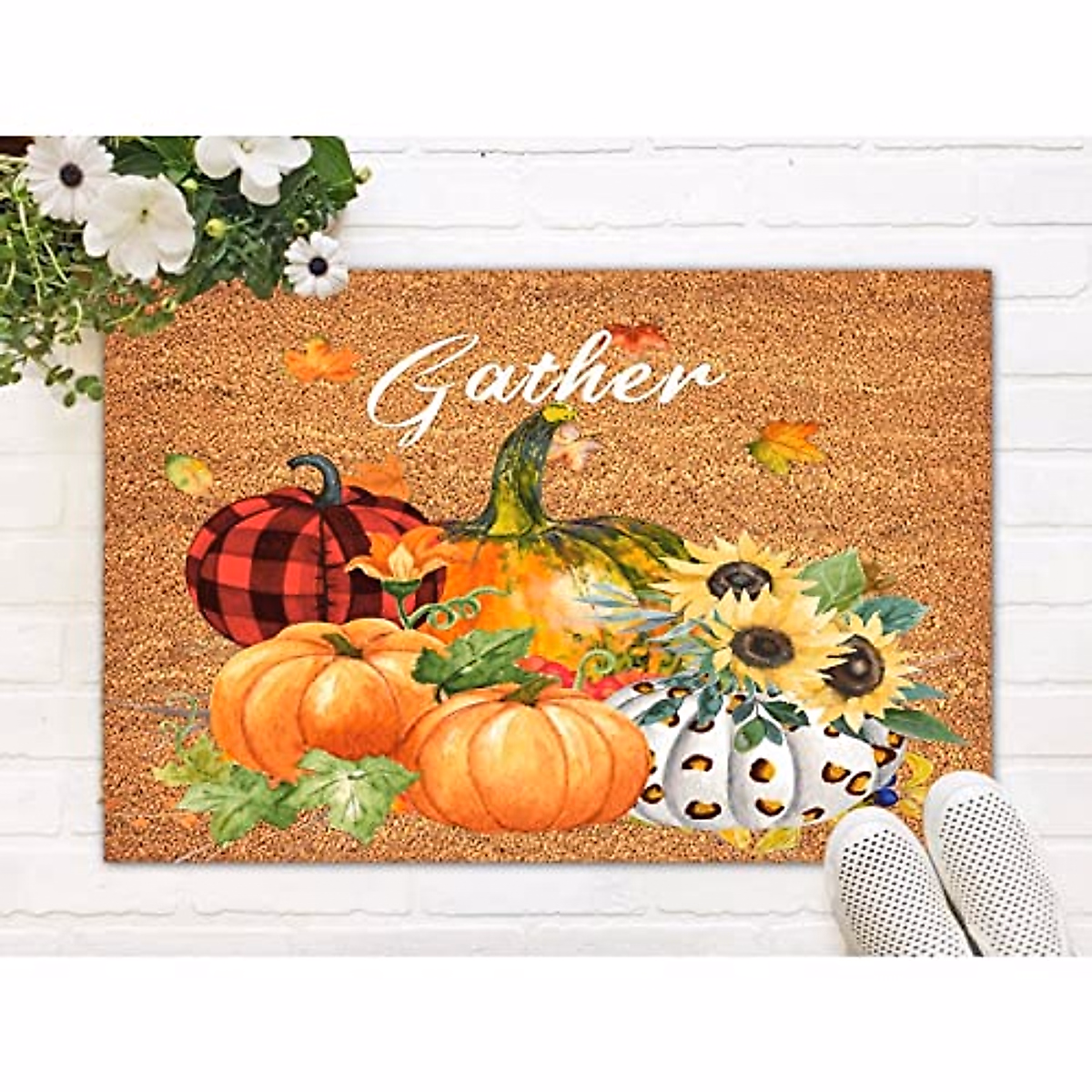 Entrance Mat Pumpkin Sunflower Maple Leaves Farmhouse Thanksgiving Funny Coir Doormat with Heavy Duty Fall Gather Coir Mat Outdoor - Front Door Entryway Mats Housewarming Gift 16x24in