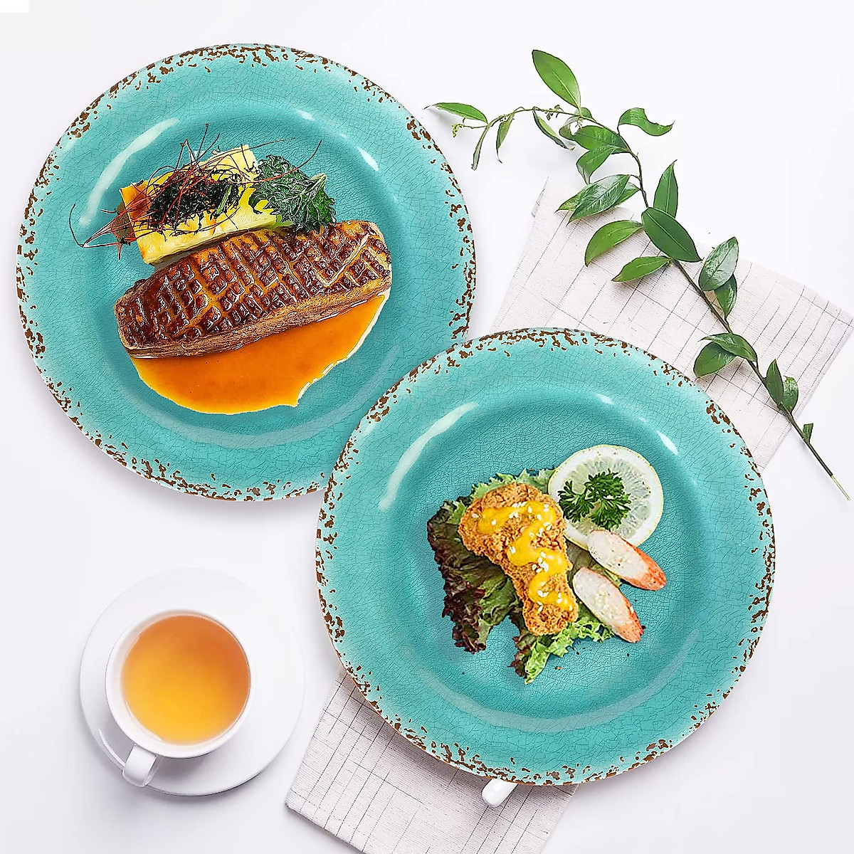 LOK-OSEMILE Gourmet Art Crackle 10 Inch Melamine Dinner Plates Set of 6 Aquamarine
