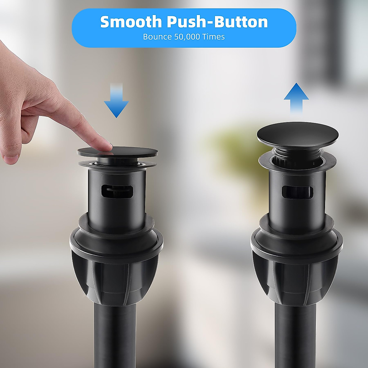 Hibbent 2 Pack Push and Seal Pop Up Drain Stopper with Overflow for Bathroom Sink Faucet Vessel Vanity, Matte Black