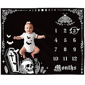 Eunikroko Gothic Baby Monthly Milestone Blanket Halloween Goth Girl and Boy Stuff Photo Prop Spooky Skull Background Blanket for Newborn Mom Gifts Moth Nursery Gift Bat Decorations 40" X 50"