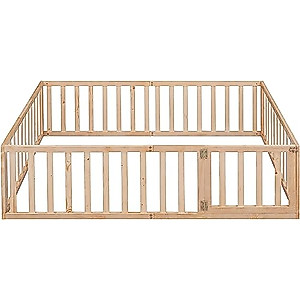 Harper & Bright Designs Full Size Floor Bed with Safety Guardrails and Door, Wood Toddler Floor Bed Frame for Girls/Boys, Full Montessori Floor Bed for Kids,Natural