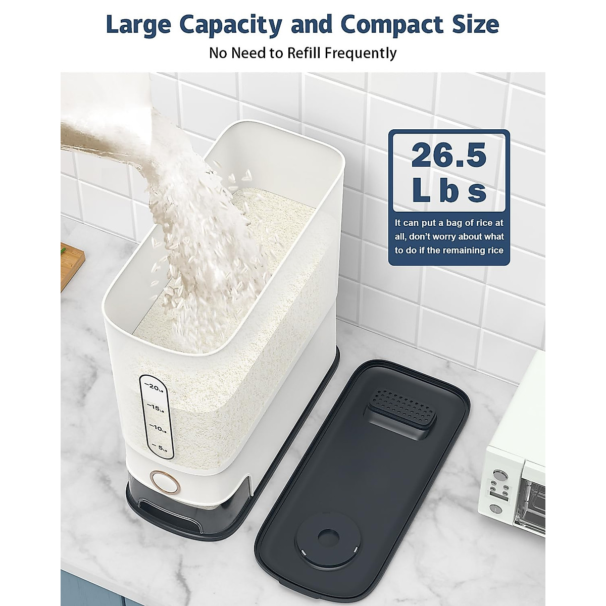 Lenwi 26.5 Lbs Rice Dispenser, Large Rice Container with Scale Measuring Cup, BPA-Free Household Rice Storage Container with Time Scale, for Home Kitchen Pantry Organization