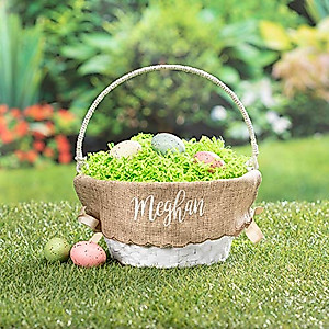 Personalized Easter Egg Basket with Handle and Custom Name in White Script | Scallop Edge Burlap Easter Basket Liners | White Basket | Woven Easter Baskets for Kids Adults | Customized Easter Basket