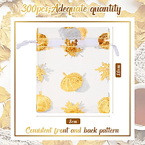 Berlune 300 Pcs Thanksgiving Gift Bags with Drawstring 3 x 4 Inch Fall Organza Gift Bags Gold Pumpkin Decorative Gift Bags Candy Treat Bags for Wedding Baby Shower Birthday Party Supplies