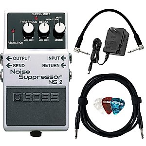 Boss NS-2 Noise Suppressor Bundle with Power Adapter, 10ft Instrument Cable, 6in Patch Cable, and Picks