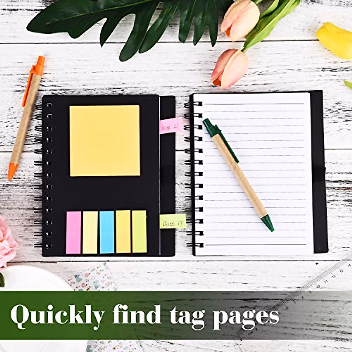 TOODOO 4 Packs Lined Spiral Notebook Kraft Paper Cover Notepad with Pen In Holder, Sticky Notes and Page Marker Colored Index Tabs, Steno Pocket Business Notebook (Black, Large)