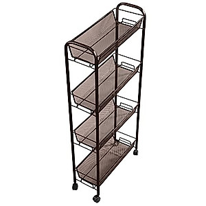 mDesign Slim Steel Metal Rolling Utility Cart Storage Organizer Trolley with 4 Basket Shelves for Laundry Room, Kitchen, Bathroom Organization - Narrow Holder for Detergent - Biro Collection, Bronze