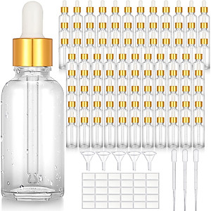 Nuogo 100 Pieces Glass Dropper Bottles 1 oz Essential Oil Dropper Bottles with Labels and Funnels Golden Caps Empty Tincture Bottles Perfume Cosmetic Travel Liquid Containers with Droppers (Clear)