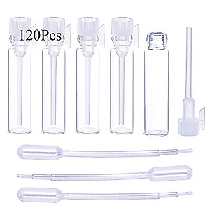 120Pcs 1Ml Mini Cute Empty Glass Perfume Essential Oils Sample Vials with White Plastic Rod Caps Glass Vials Sample Dropper Bottle for Essential Oils Aromatherapy (120Pcs 1Ml White Plastic Rod)