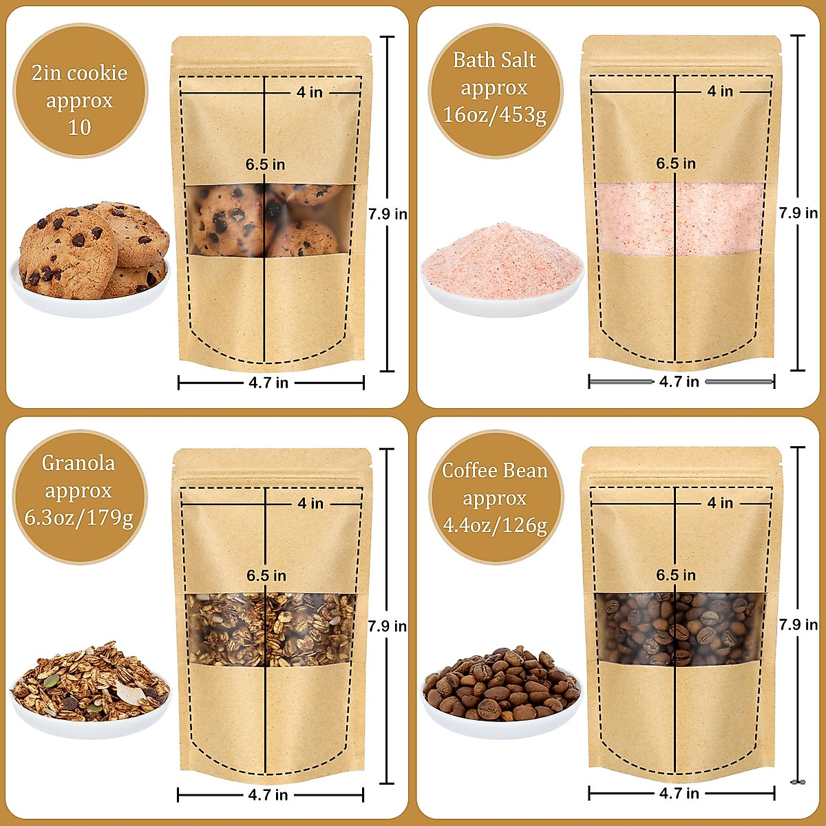 Blisstime Stand Up Pouch Bags, 50 Pack Kraft Paper Zip Lock Pouches with Matte Window and Tear Notch Resealable Bags for Small Business Home Use (4.7" X 7.9")