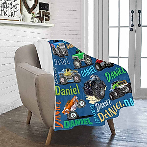 Custom Throw Blanket for Kids Boys, Personalized Car Fleece Blanket with Name Soft Cartoon Blanket for Christmas Birthday Shower Gift