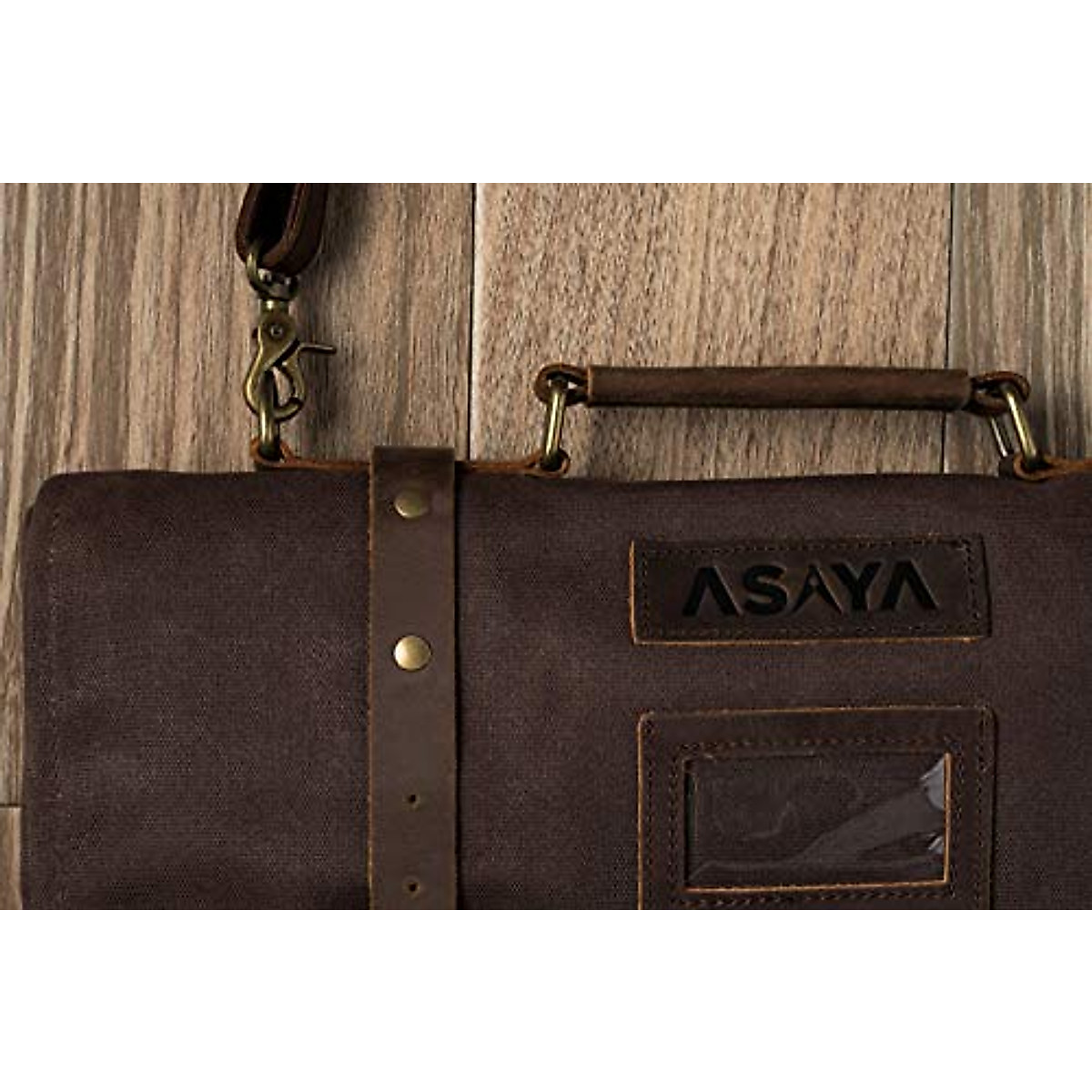 Asaya Waxed Canvas Knife Roll - 15 Knife Slots, Card Holder and Large Zippered Pocket - Genuine Leather, Cloth and Brass Buckles - for Chefs and Culinary Students - Knives Not Included