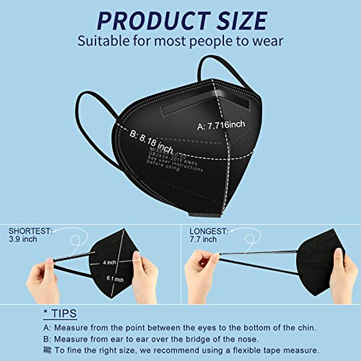 MISSAA KN95 Face Masks 60 Pack, 5-Ply Breathable & Comfortable Cup Dust Safety Mask, Black KN95 Mask, Protection Masks Against PM2.5 for Adult Women and Men