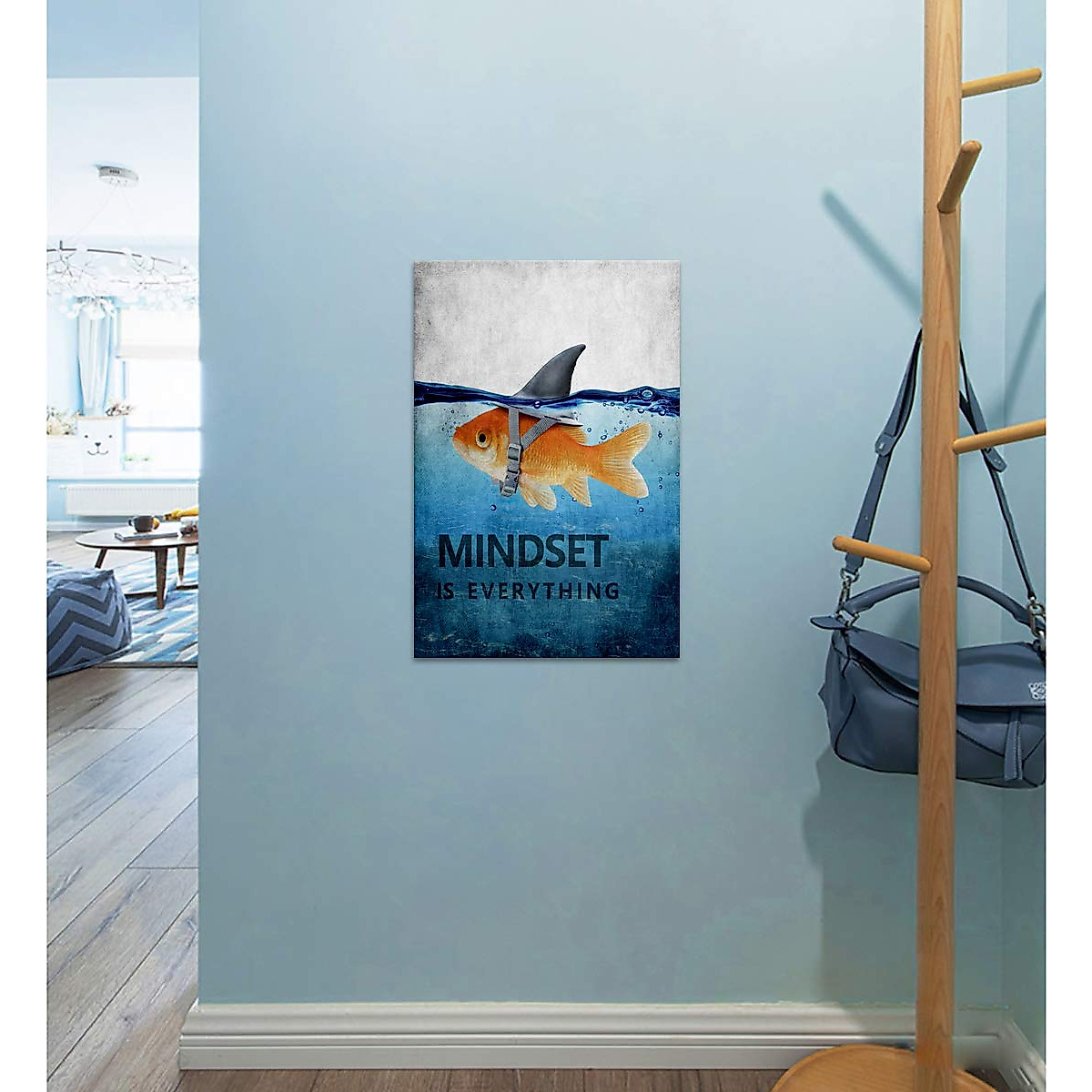 Goldfish Shark Motivational Poster Mindset is Everything Inspiring Canvas Wall Art Pictures Prints Framed Modern Home Decoration Artwork Great Gift Gym Living Room Bedroom Office(12''W x 18''H)