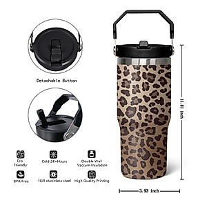 qwpmvhsak 30 oz Tumbler With Handle,Leopard Print Skinny Vacuum Insulated Tumbler With Flip Straw,Cute Cheetah Print Cups Water Bottle CoffeeTravel Tumbler, Leopard Decor/Accessories for Women