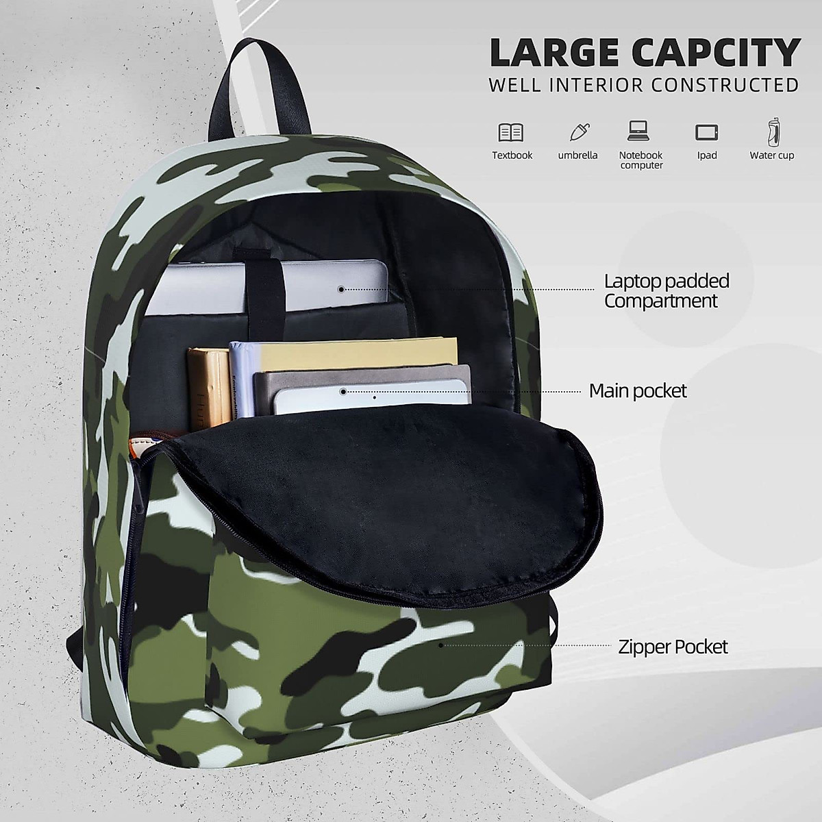 Affilleve Camouflage Casual School Backpack For Teen Girls Boys, Travel Hiking Shoulder Daypack Bag For Men Women