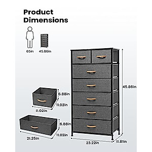 Pellebant Dresser for Bedroom with 7 Drawers, Tall Dresser Vertical Storage Tower, Sturdy Metal Frame, Fabric Storage Bins with Wooden Handle and Wooden Top, Organizer Unit for Closet/Hallway, Grey