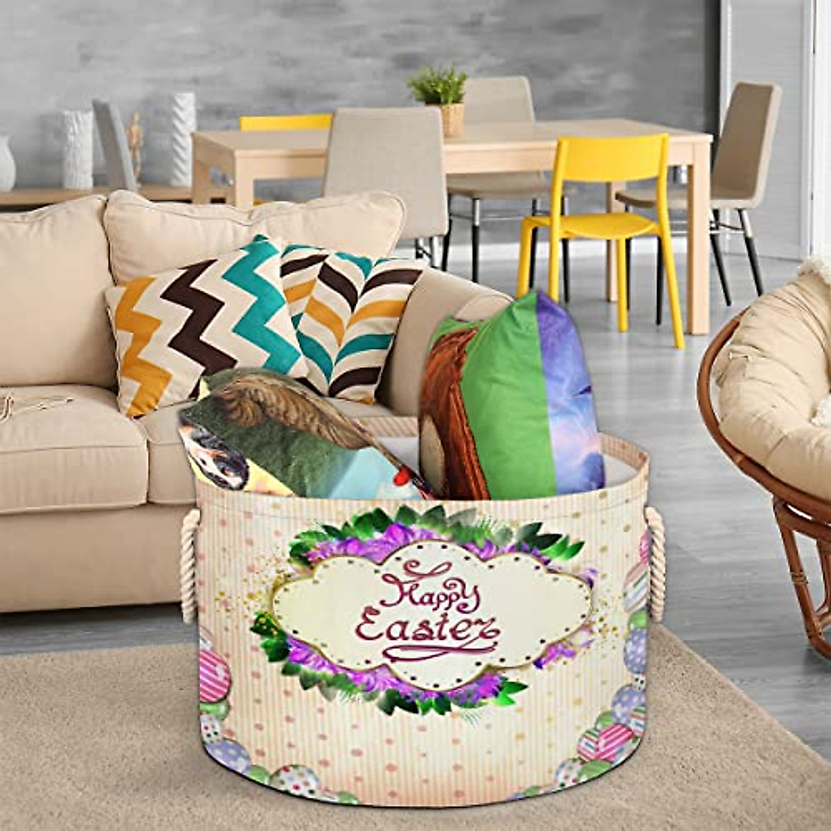 Happy Easter Greeting Card Eggs Large Round Baskets for Storage Laundry Baskets with Handles Blanket Storage Basket for Bathroom Shelves Bins for Organizing Nursery Hamper Girl Boy