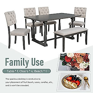 KLMM Retro Dining Room Set, 6-Piece Kitchen Dining Table Set with Special-Shaped Legs and Foam-Covered Seat Backs&Cushions,6-Person Configuration for Family Use (Gray+Retro3)