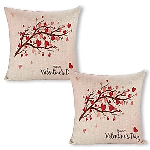 Happy Valentine's Day Throw Pillow Covers 18×18 Pillowcases Set of 2 Love Heart Branch Linen Decorative Square Pillow Case Cushion Covers Standard Size for Sofa Couch Outdoor Bed Pillow Protectors