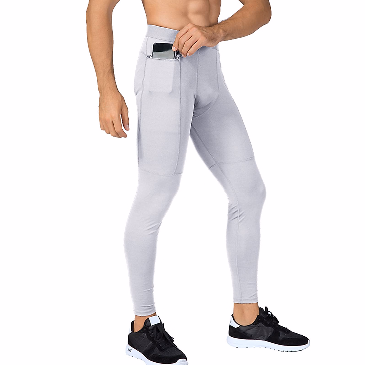SPVISE Men's White Compression Pants with Zip Pocket Cool Dry Athletic Leggings Tights Workout Baselayer for Running Gym Yoga