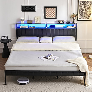 AMERLIFE King Size Platform Bed Frame, LED Bed Frame with PU Leather & Charging Station, 2-Tier Storage Headboard/No Box Spring Needed/Noise Free, Black