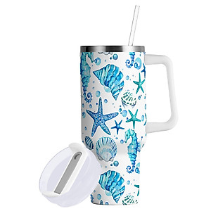 YKZEYK Blue Seahorses Starfish 40 OZ Tumbler with Handle And Straw Insulated Tumblers Coffee Mug Travel Cup Stainless Steel Tumblers Tumbler
