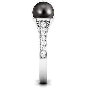 Rosec Jewels Real Tahitian Pearl Solitaire Ring with Diamond, 9 cttw, Aaa Quality, 14K White Gold, Size:US 9.00