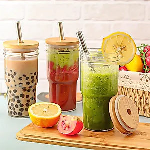 SYOUACEND 2 Pack Glass Cups with Lids and Straws, 24oz Glass Tumbler with Sleeves Reusable, Mason Jar Drinking Glasses Iced Coffee Cup Wide Mouth Glass Bottle for Bubble Tea, with 2 Cleaning Brush