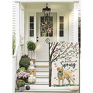 Hello Spring Dog Garden Flag 12x18 Inch Double Sided,Golden Retriever Under The Tree Small Yard Flag for Outdoor,Summer Seasonal Decors for Farmhouse Holiday Outside