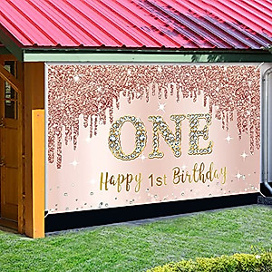 Happy 1st Birthday Banner Backdrop Decorations for Girls, Rose Gold 1 Year Old Birthday Party Sign Supplies, Pink One Birthday Poster Background Photo Booth Props Decor