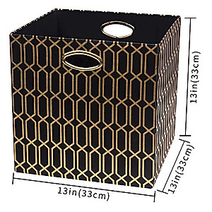 Posprica Storage Bins, Storage Cubes,13×13 Fabric Drawers Organizer Basket Boxes Containers (13×13×13/2pcs, Black/Gold Geometry Pattern)