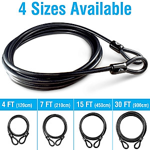 MARQUE Bike Security Steel Cable - 3/8 inch (10 mm) Thick (4', 7',15' or 30') Vinyl Coated Braided Steel with Double Sealed Looped Ends for U-Lock, Padlock, Disc Lock (7 FT)
