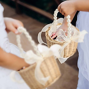 2PCS Wicker Rattan Flower Girl Basket Wedding Flower Girl Basket Pearl Carrying Basket Small Flower Basket with Pearl Handle Rattan Basket for Weddings Bridal Anniversary Party Decor(Brown)