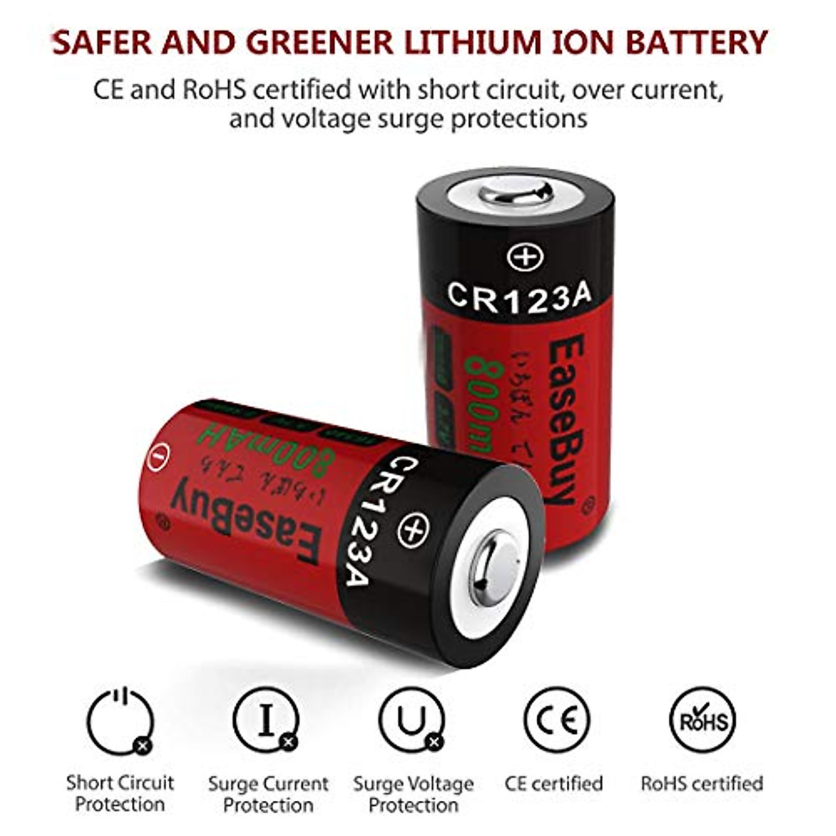 EaseBuy Arlo Rechargeable Batteries, 800mAH 123A Rechargeable Batteries for Arlo VMS3130 VMC3030 VMK3200 VMS3330 3430 3530 Cameras, Alarm System, Flashlight (4-Pack)