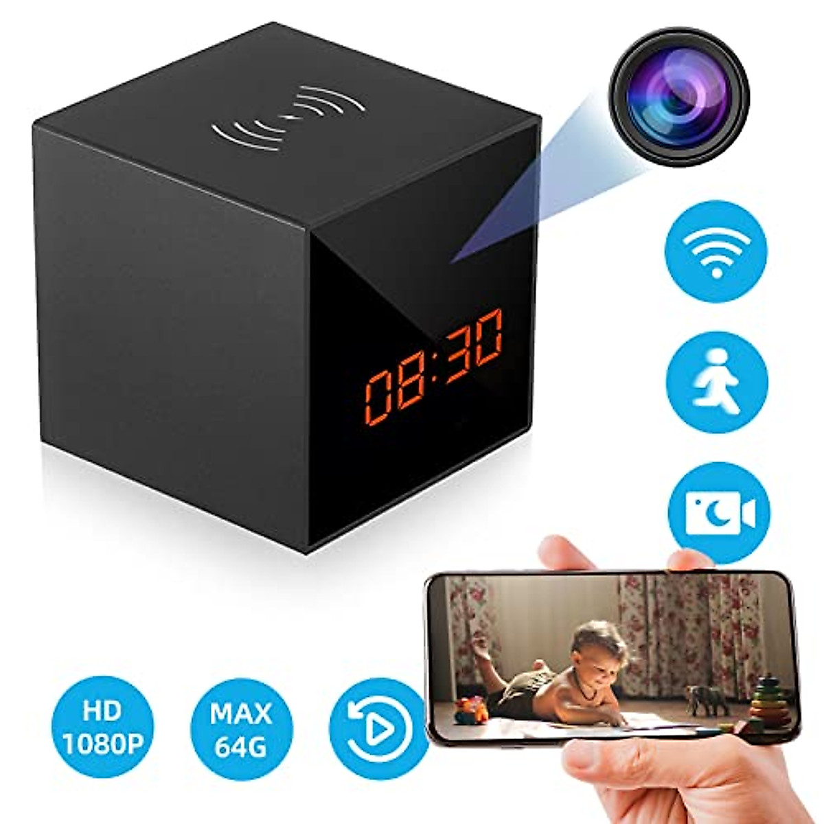 LIZVIE Hidden Camera Clock Wireless Charger Unobtrusive Spy Camera Clock Enhanced 1080p HD Picture, Seurity Camera, Night Vision, Live Video, Wireless Charger