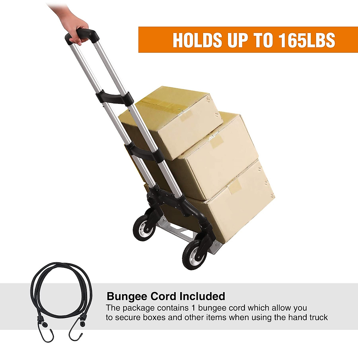 RedSwing Folding Hand Truck, 165lbs Capacity Lightweight Portable Hand Cart with Bungee Rope and 2 Rubber Wheels, Heavy Duty Foldable Hand Dolly for Home Shopping，Moving，Travel，Office ，Silver