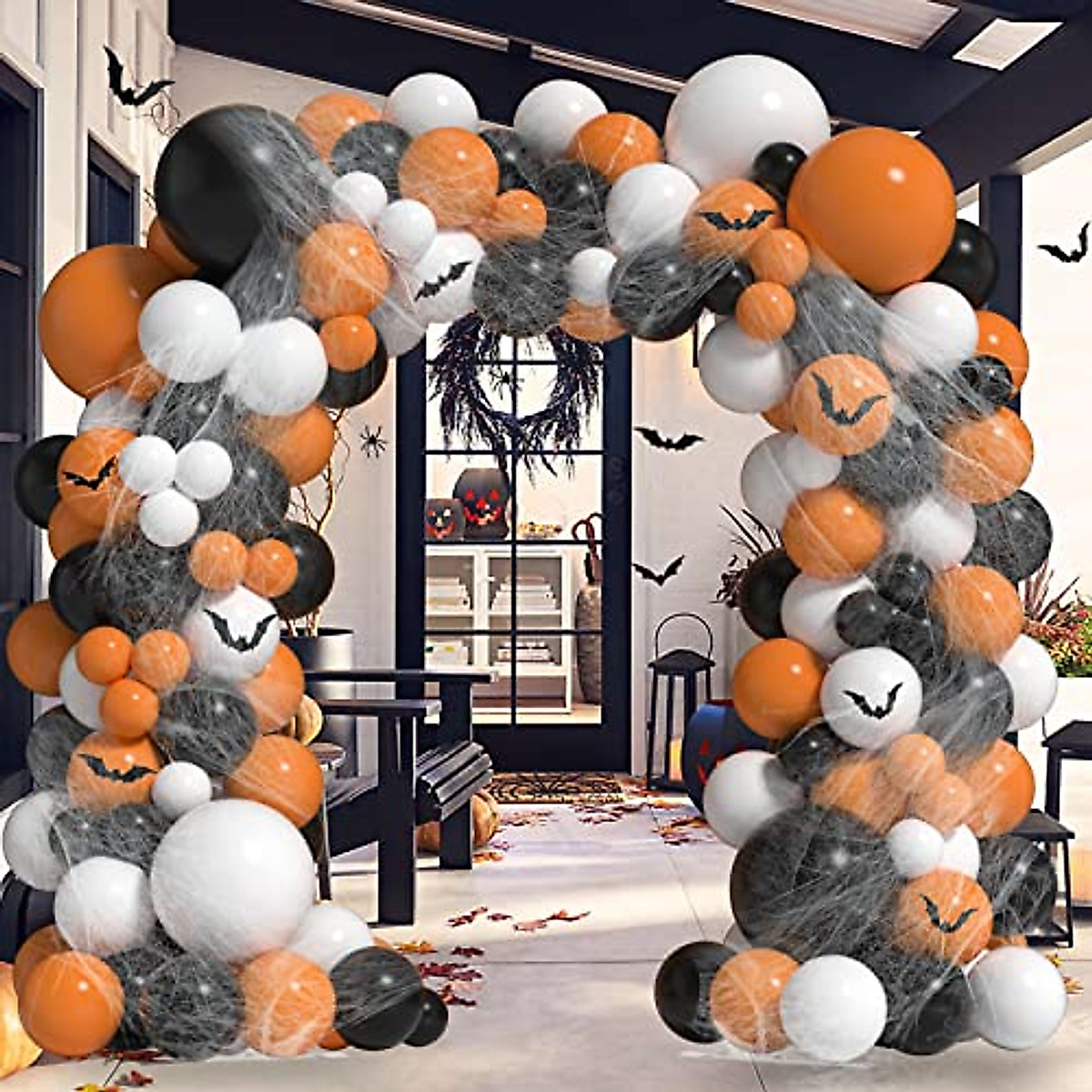 ZFUNBO 139 Pack Halloween Balloon Arch Garland Kit, Orange Black White Balloons Balloons Set with 3D Bat Sticker Spider Web for Halloween Party Decorations Baby Shower Birthday Party
