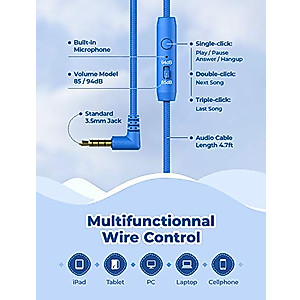 iClever Kids Headphones for School Travel, Safe Volume 85/94dB, HD Mic Stereo Sound Over-Ear Girls Boys Headphones for Kid, FunShare Foldable 3.5mm Wired Kids Headphones for iPad Computer, HS19 Blue