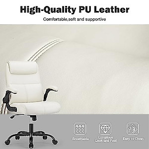 Office Chair - Ergonomic Executive Computer Desk Chair with Flip-up Armrest, Mid Back PU Leather 360° Swivel Task Chair with Lumbar Support and Wheels, Metal Base