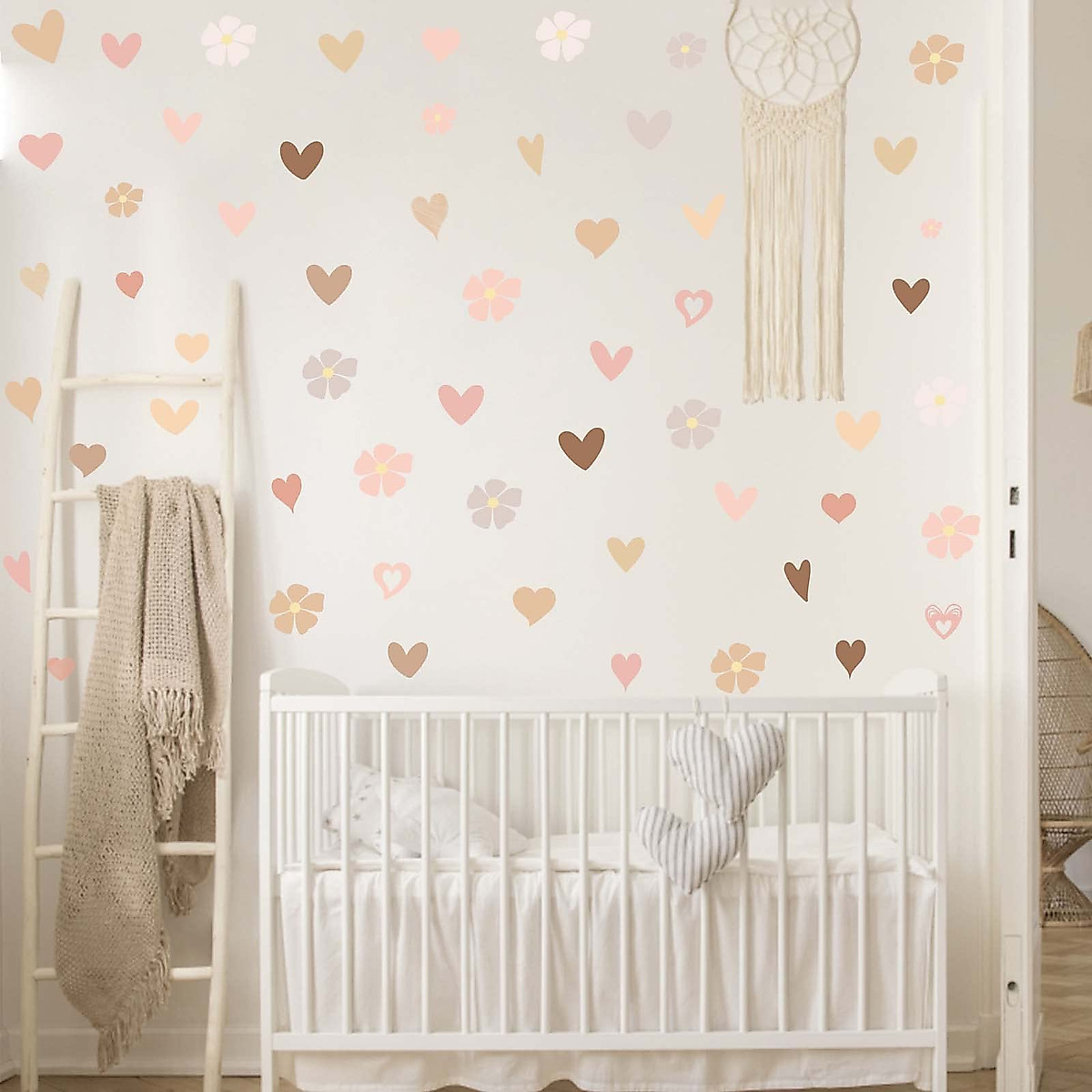 Colorful Flowers Wall Decals Boho Wall Stickers Pastel Hearts Wall Art Stickers Girls Bedroom Decor Pink Floral Decals Peel and Stick Heart Vinyl Murals Wallpaper for Kids Baby Room Nursery Decoration