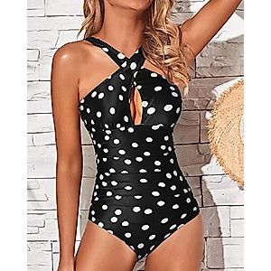Tempt Me Women Polka Dot One Piece Swimsuits Front Cross Keyhole Tummy Control Backless Bathing Suit Large