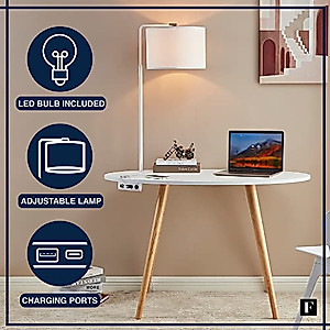 FENLO Future Oval - 45.5" Mid-Century Desk with Charging Station, Home Office Desk with USB, USB-C, and Power Outlet, Smart Work Table for Home Office, Round Table with USB Charging (White)
