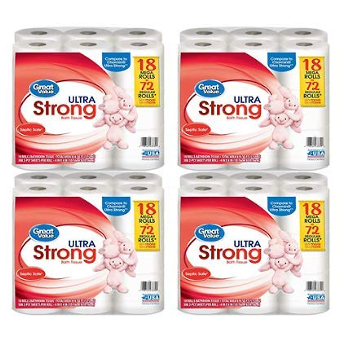 Great Value Ultra Strong Toilet Tissue Paper, 18 Mega Rolls (Pack of 4)