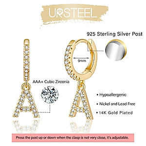 Initial Huggie Hoop Earrings for Women, 925 Sterling Silver Post 14K Gold Plated Cubic Zirconia Letter M Initial Dangle Hoop Earrings Dainty Cute Hypoallergenic Earrings for Women