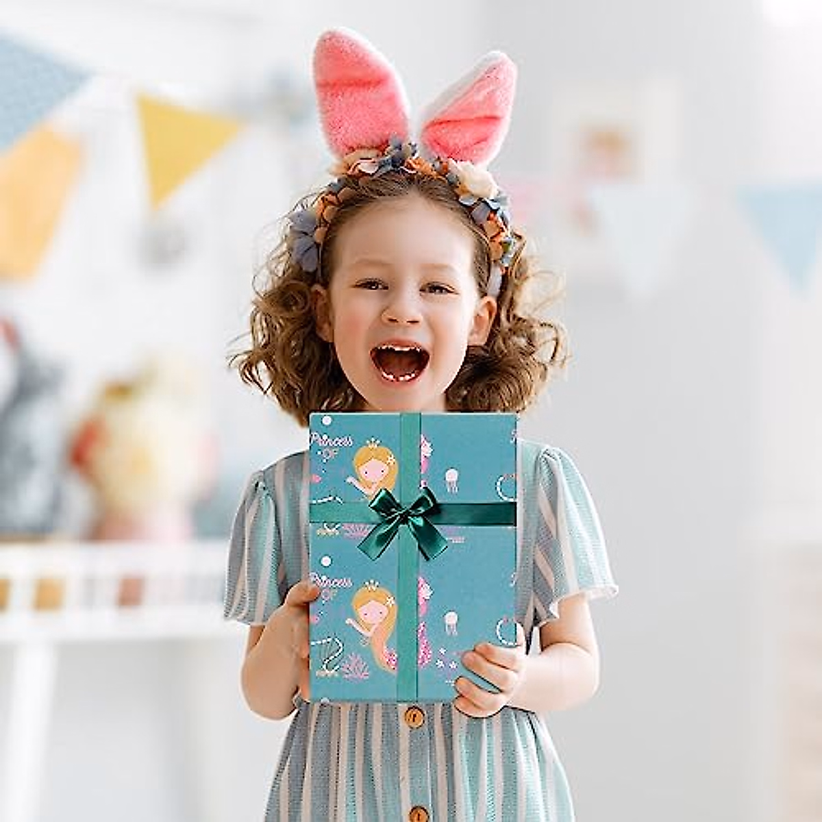 Mermaid Wrapping Papers, Princess of the Sea Little Mermaid design 6 Sheets Folded Flat 20x28 inches per Sheet with Emerald Green Ribbon, Gift Tag and Greeting Card for Birthday Party Baby Shower