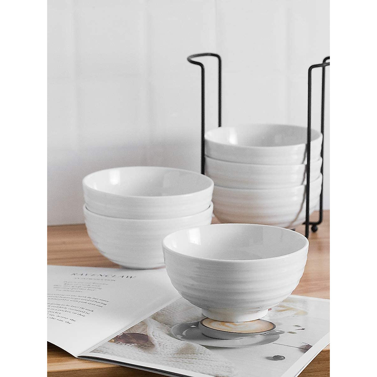 LAUCHUH Stackabel Bowl Set Porcelain Soup Bowls 28 Ounces Cereal Bowl Set with Serving Stand Large Bowl Porcelain Cereal Soup Salad with Bowl Organizer, 6 pack