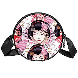 Woman Japanese Crossbody Bag for Women Teen Girls Round Canvas Shoulder Bag Purse Tote Handbag Bag